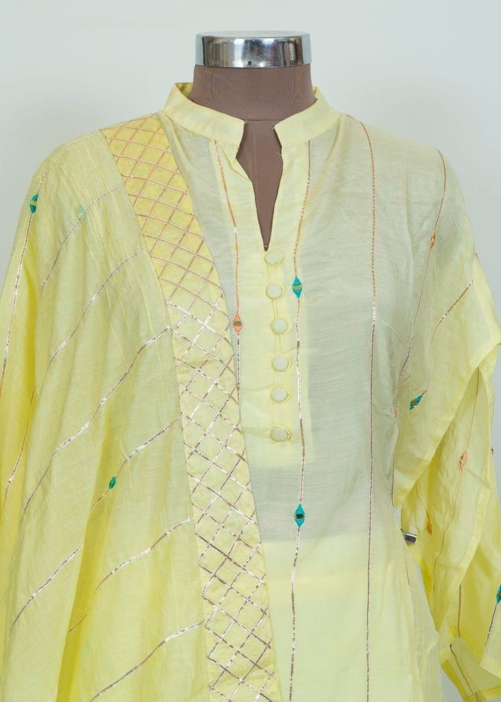 Lemon Muslin Shirt With Shantoon Bottom And Muslin Print Dupatta