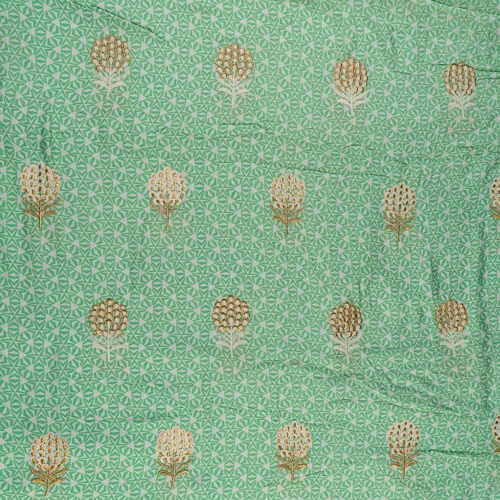 Green Color Muslin Print With Embroidery