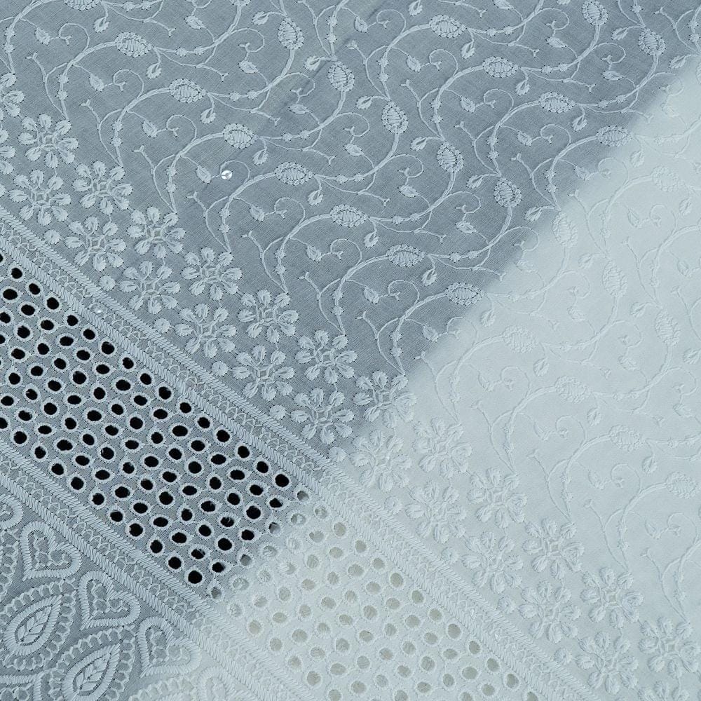 White Color Cotton Chikan Embroidered Fabric