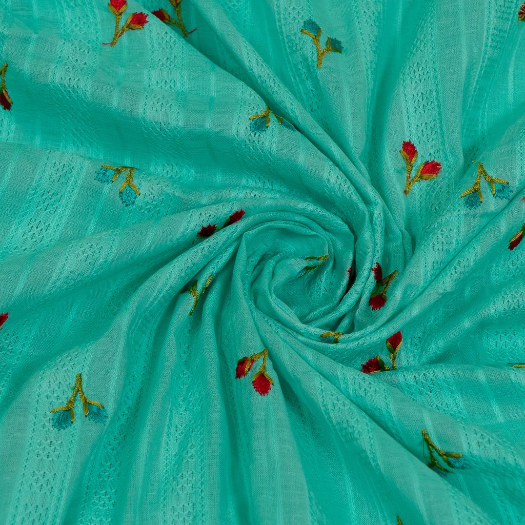 Firozi Color Cotton Embroidered Fabric