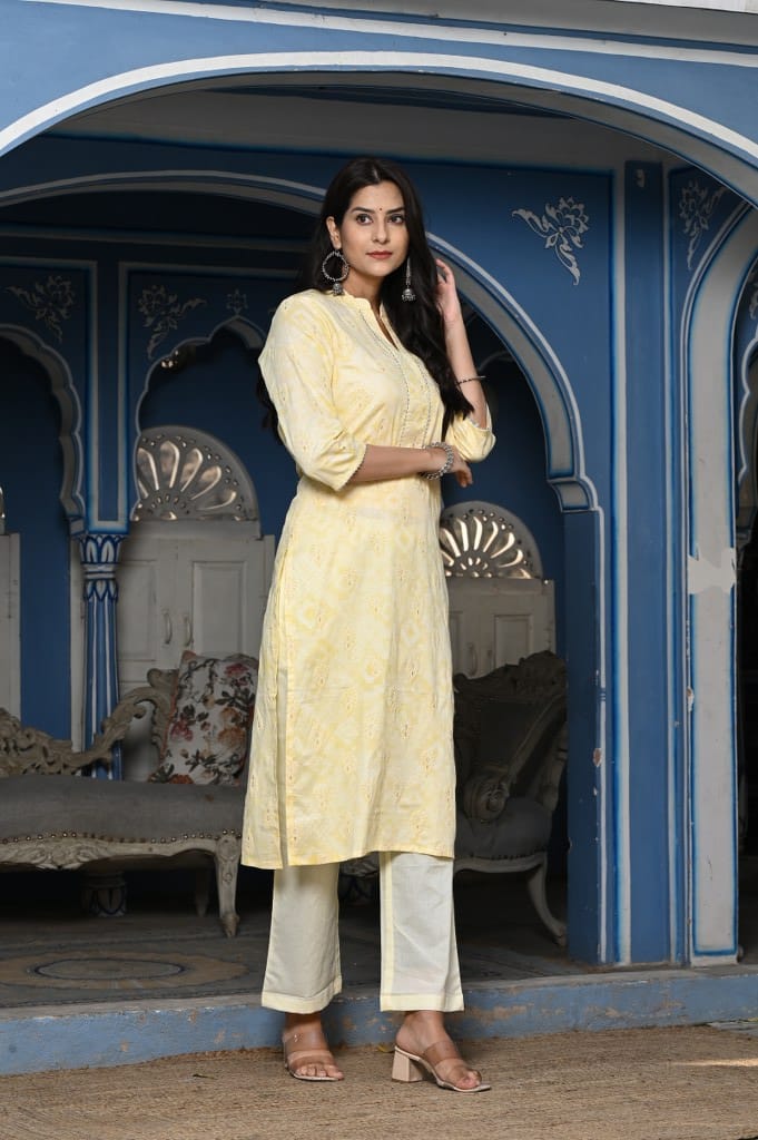 Lemon Color Printed Jam Cotton Shirt with Cotton Bottom