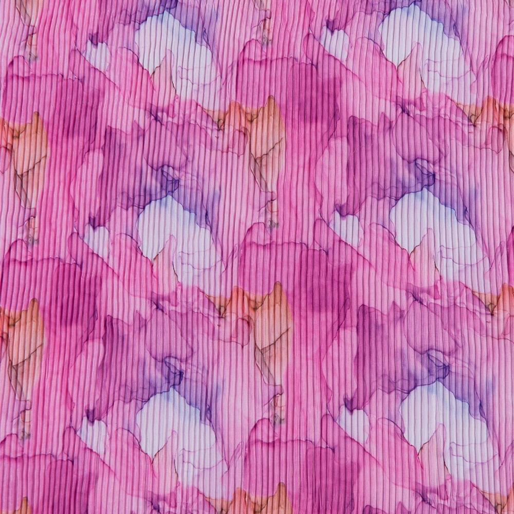 Pink Color Pleated Satin Printed Fabric