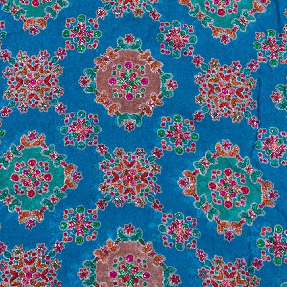 Firozi Color Georgette Print With Embroidered Fabric