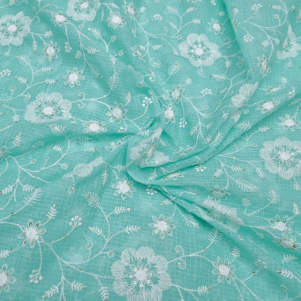 Green Color Kota Doria Embroidered Fabric