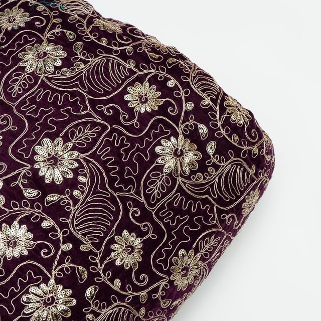 Wine Color Velvet Embroidered Fabric