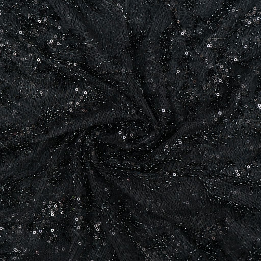 Black Color Net Hand Embroidered Fabric