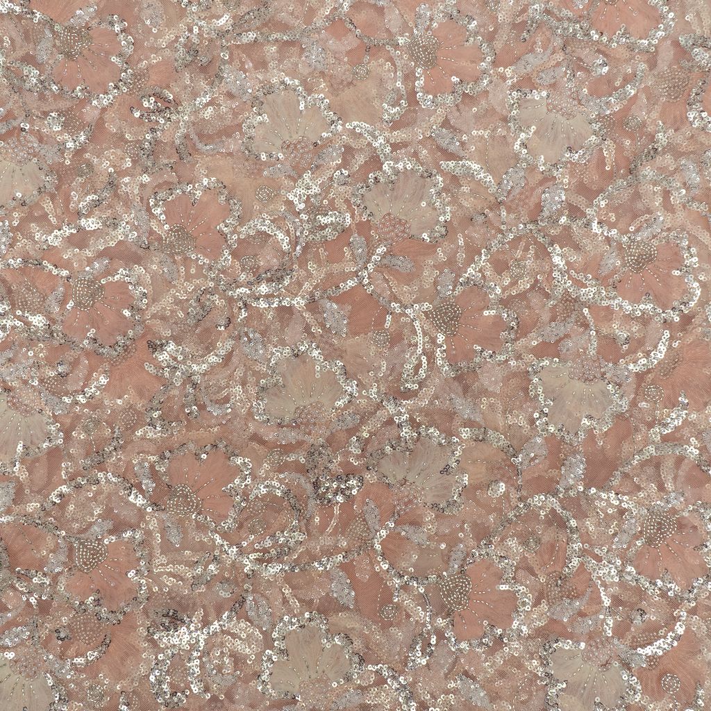 Peach Color Net Hand Embroidered Fabric