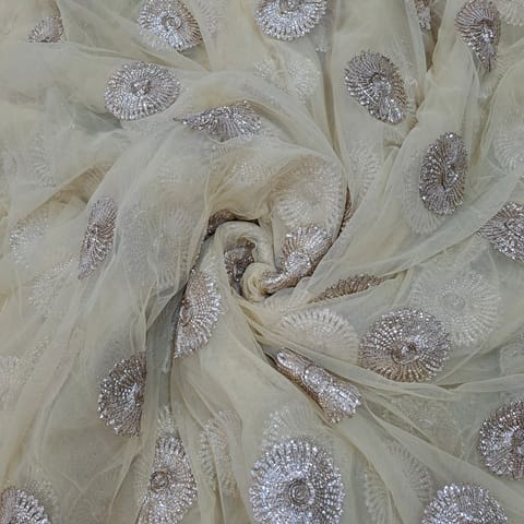Beige Color Net Embroidered Fabric