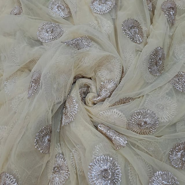 Beige Color Net Embroidered Fabric
