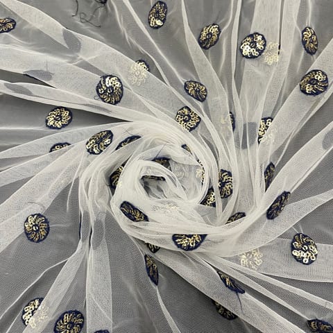 White Color Net Embroidered Fabric