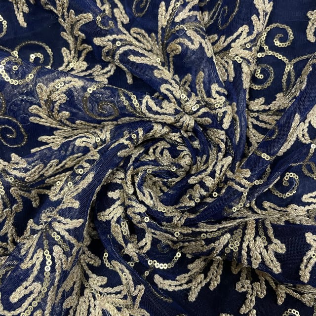 Blue Color Net Embroidered Fabric