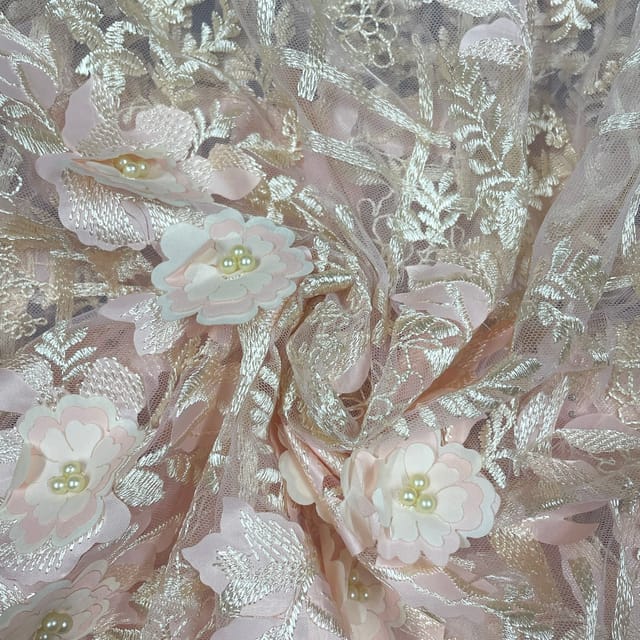 Pink Color Net Embroidered Fabric