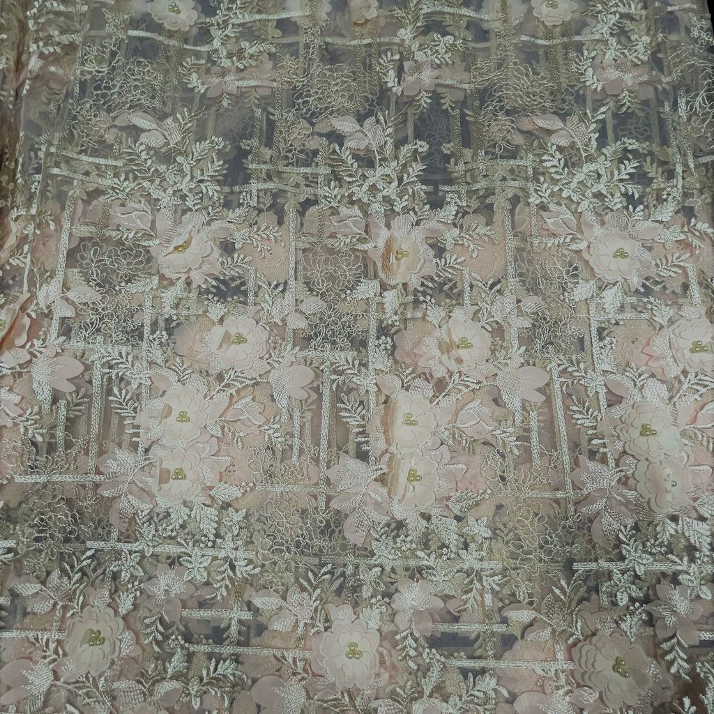 Pink Color Net Embroidered Fabric