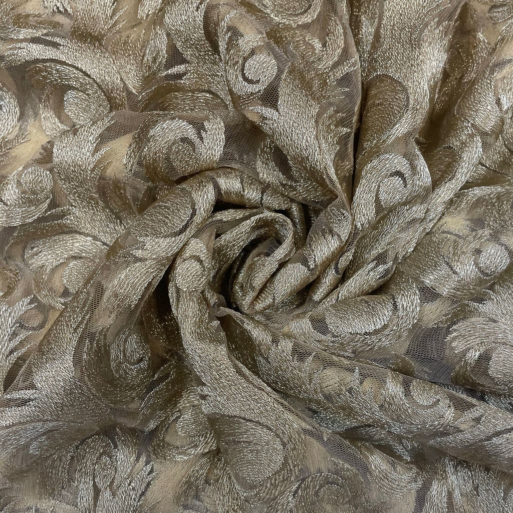 Golden Color Net Embroidered Fabric