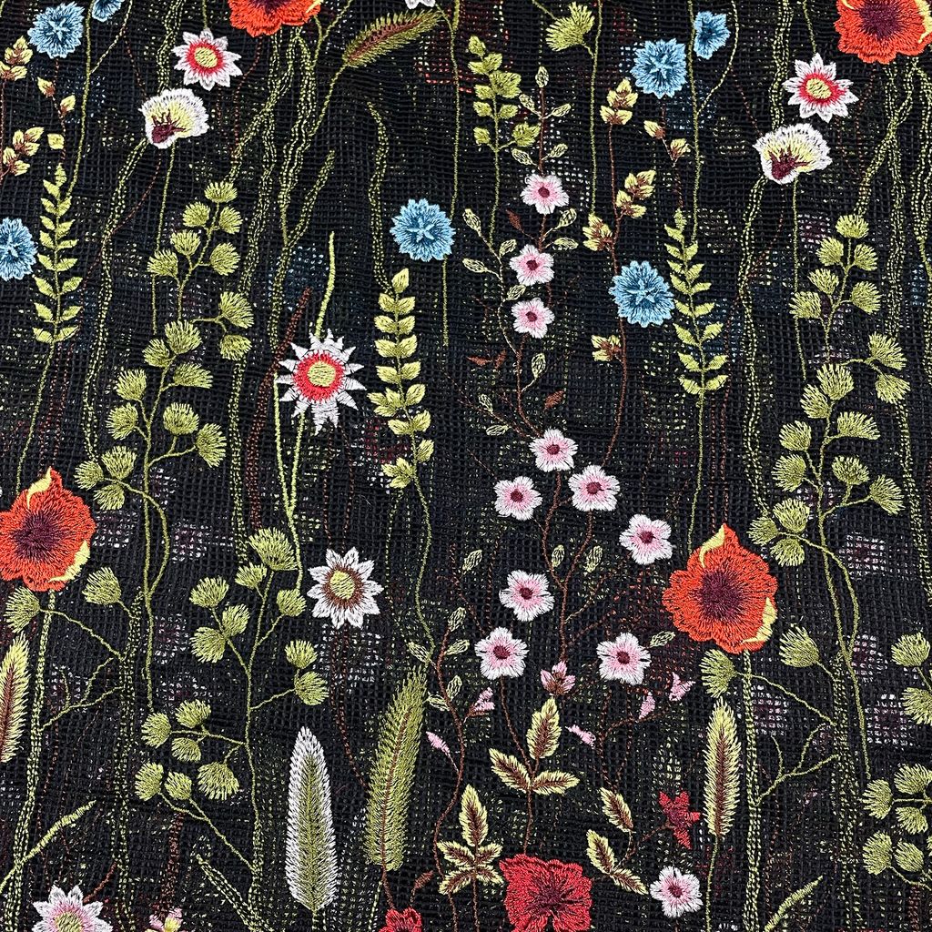 Black Color Net Embroidered Fabric