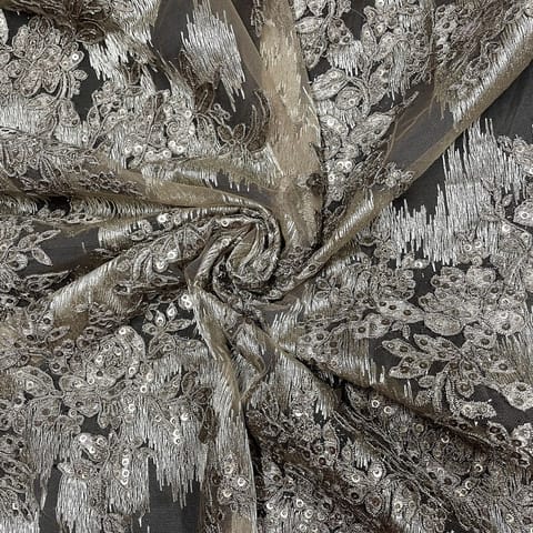 Dark Beige Color Net Embroidered Fabric