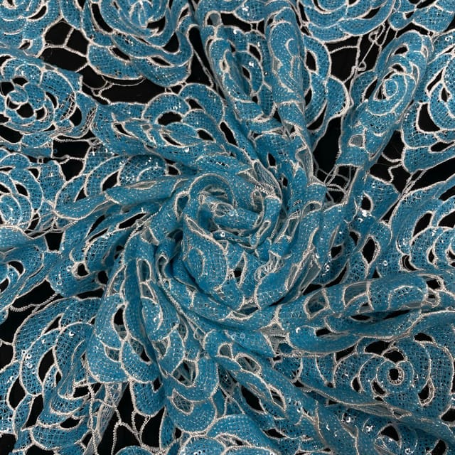 Blue Color Net Embroidered Fabric