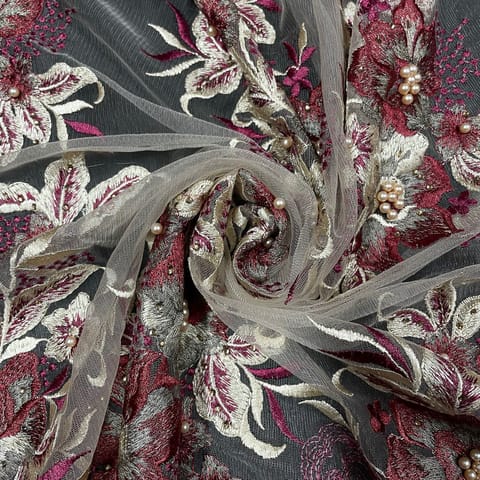 Maroon Color Net Embroidered Fabric