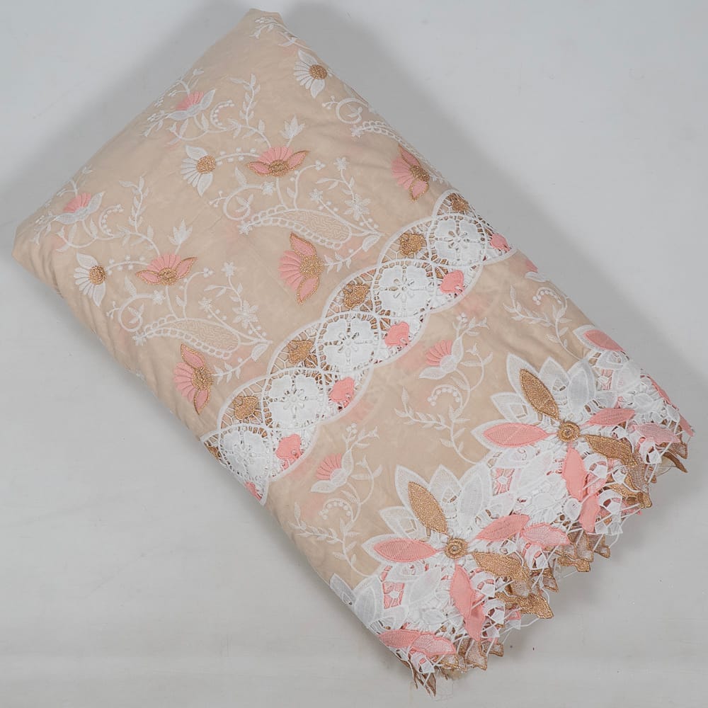 Beige Color Cotton Embroidered Fabric