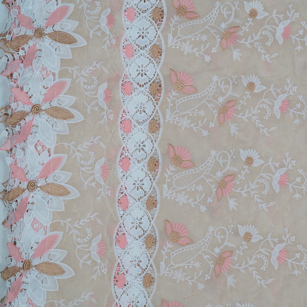 Beige Color Cotton Embroidered Fabric