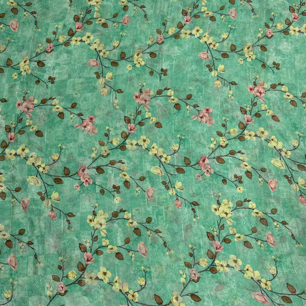 Pista Green Color Pure Silk Checknet Printed Fabric