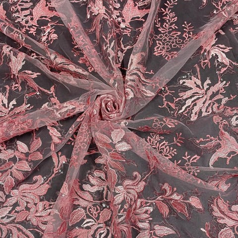Pink Color Net Embroidered Fabric