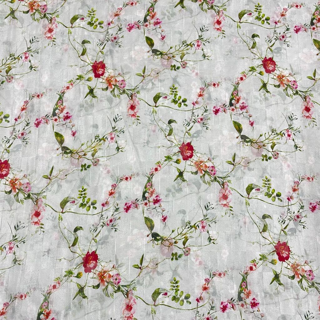 White Color Pure Silk Checknet Printed Fabric