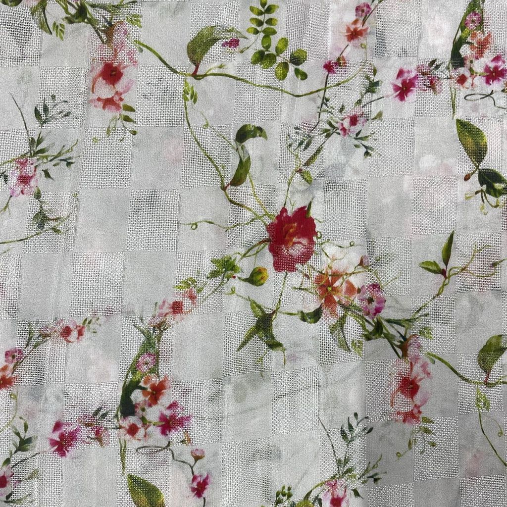 White Color Pure Silk Checknet Printed Fabric