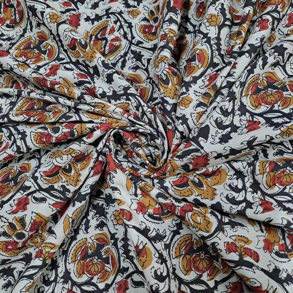 White Color Cambric Cotton Kalamkari Printed Fabric