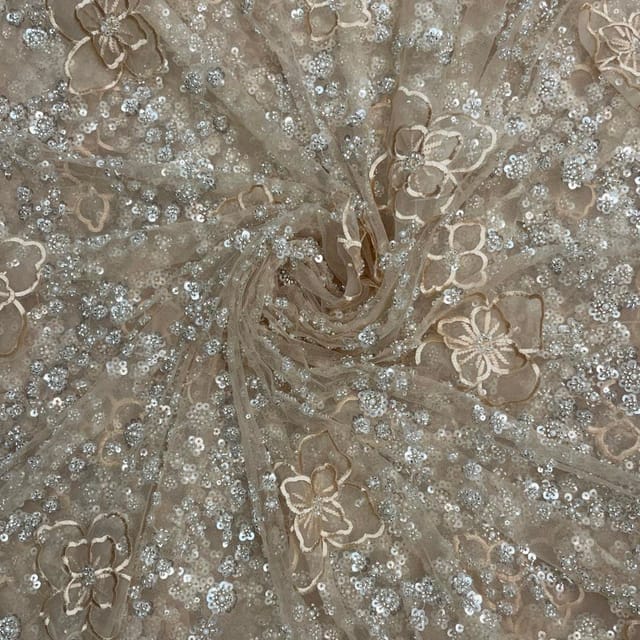 Light Gold Color Floral Embroidered Net Fabric