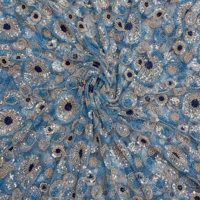 Sky Blue Color Geometric Cut Dana Embroidered Fabric