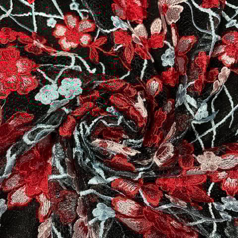 Black Color Net Embroidered Fabric