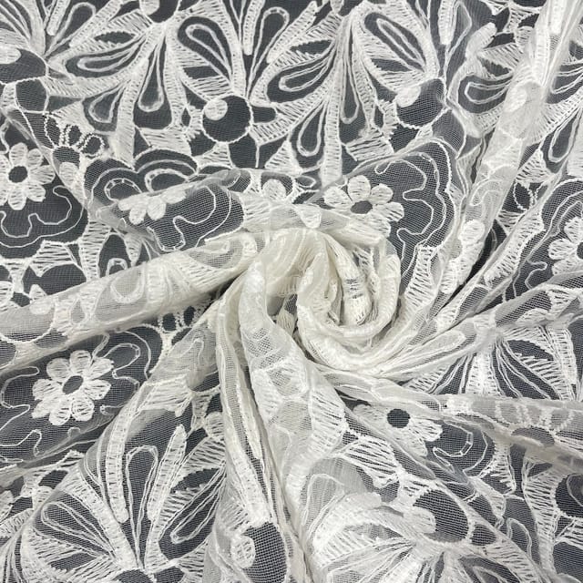 White Color Net Embroidered Fabric