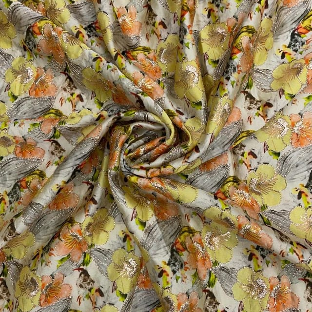 Multicolor Floral Satin Tissue Embroiderd Fabric