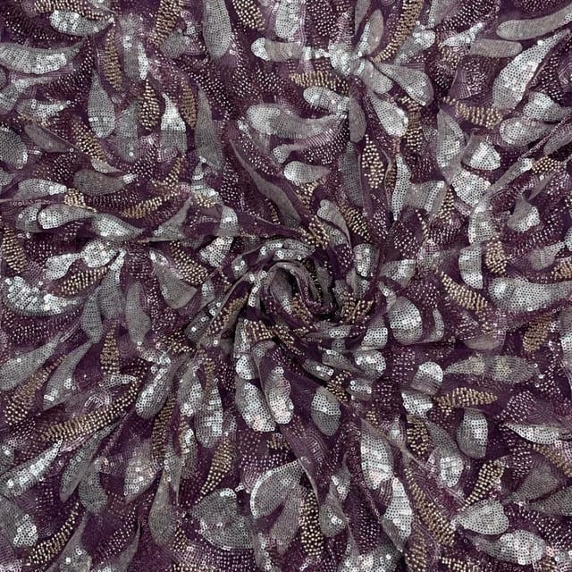 Purple Color Abstract Cut Dana Embroidered Net Fabric