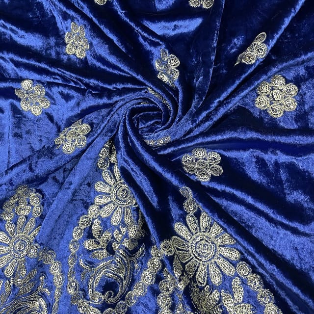Navy Blue Color Velvet Embroidered Fabric