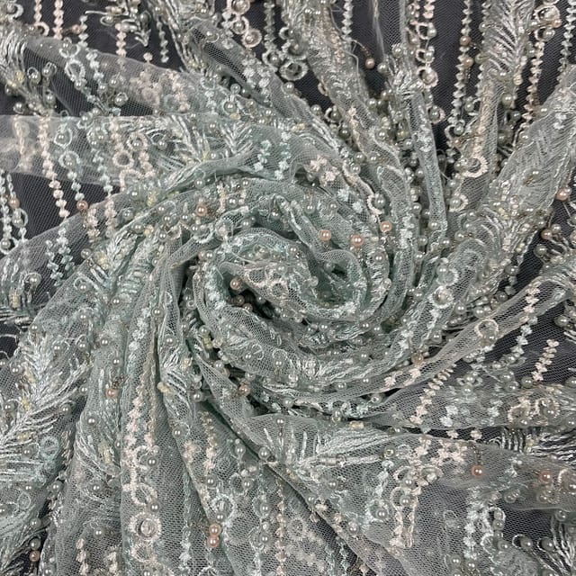Sky Blue Color Net Embroidered Fabric