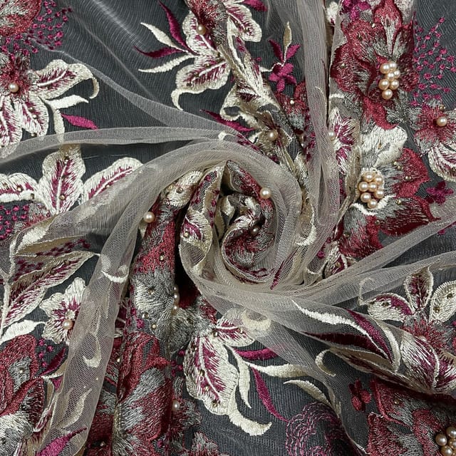 Maroon Color Net Embroidered Fabric