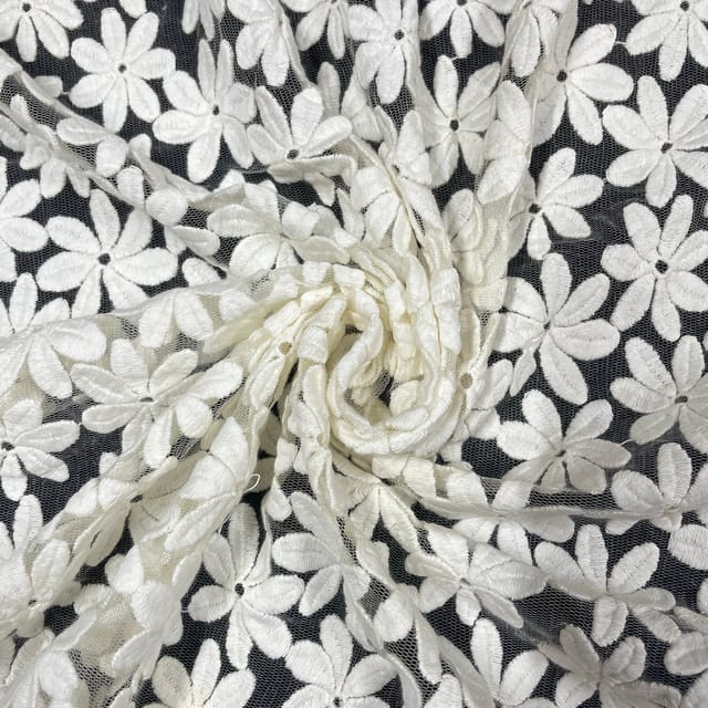 White Color Net Embroidered Fabric