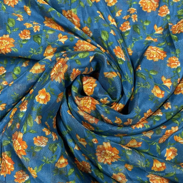 Turquoise Color Pure Silk Checknet Printed Fabric