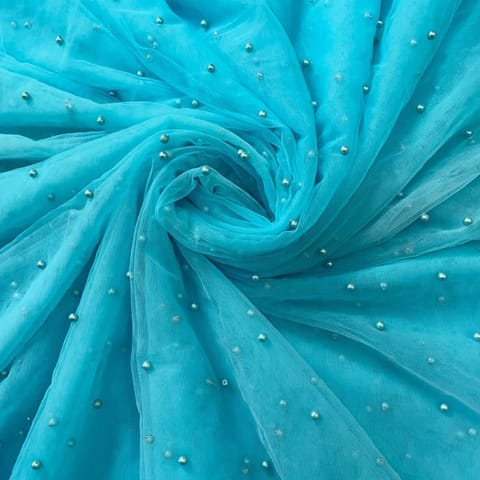 Sky Blue Colour Pearl Net Embroidery – Embroidered Net Fabric for ...