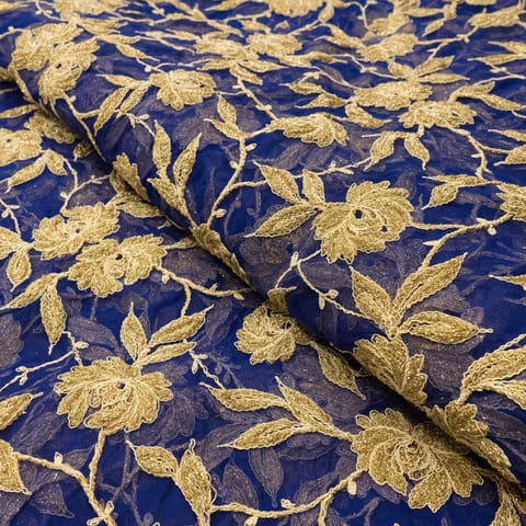 Premium Blue Colour Net Zari Embroidered Fabric Fabric for Designers ...